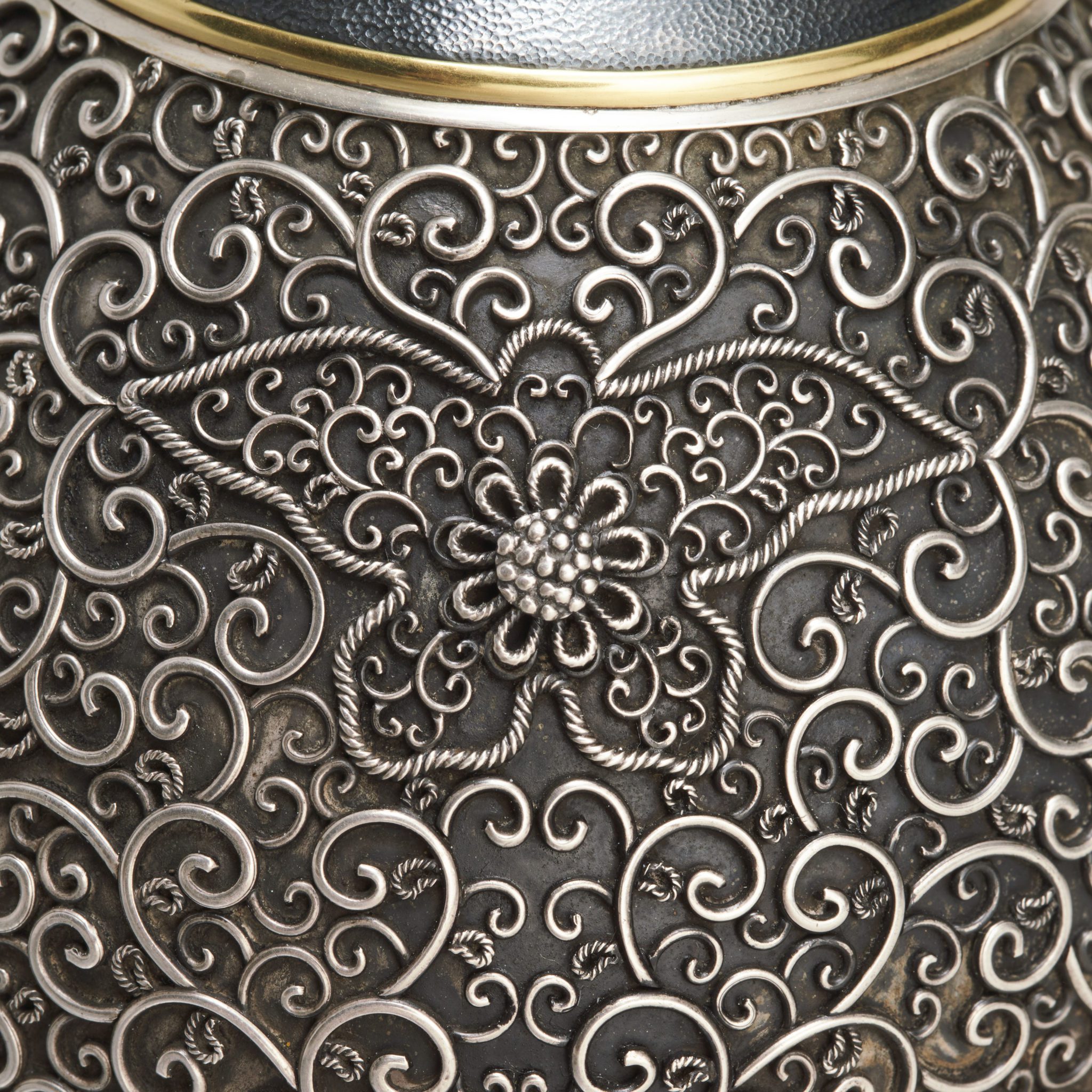 A beautiful Silver filigree, enamel and Multi-metal vase with Cockatoo ...