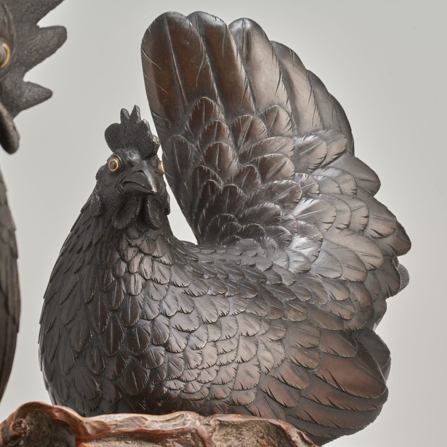 A beautiful Bronze Okimono group depicting a pair of chickens (Circa ...