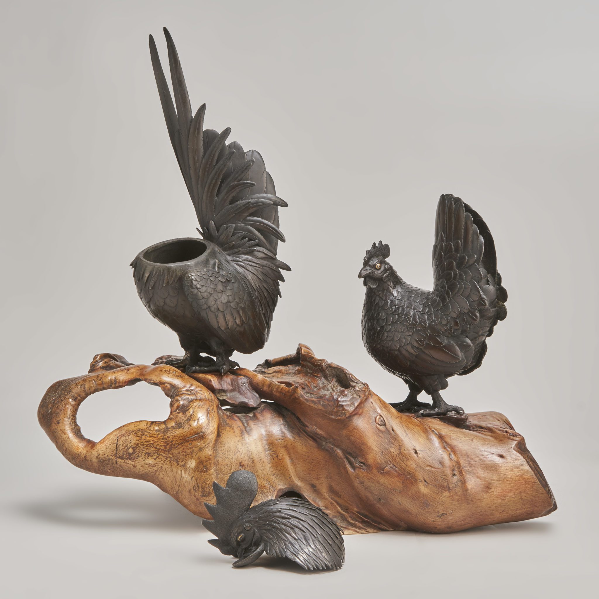 A beautiful Bronze Okimono group depicting a pair of chickens (Circa ...